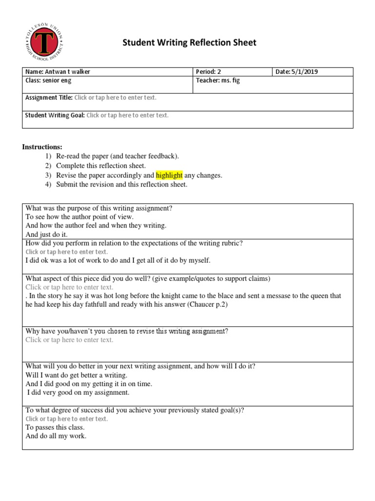 Student Writing Reflection and Revision Guide | PDF