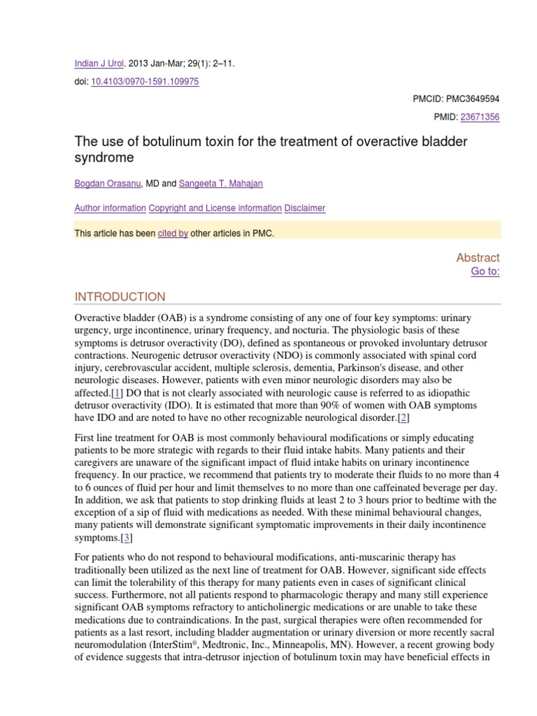 The Use of Botulinum Toxin For The Treatment of Overactive Bladder ...