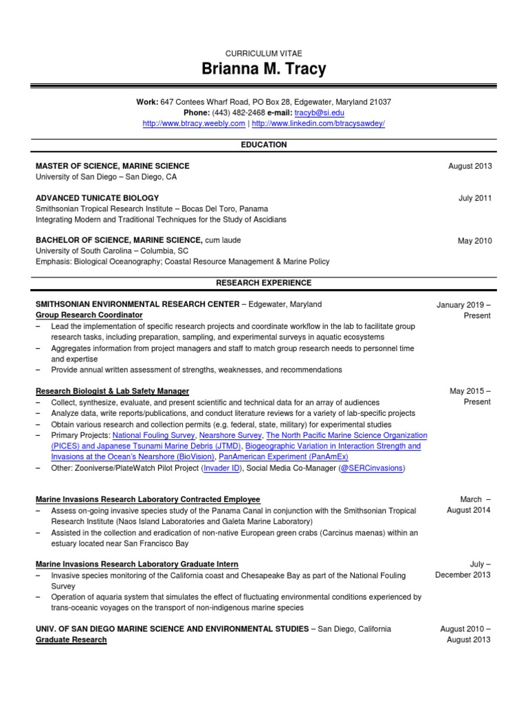 Brianna Tracy CV | PDF | Invasive Species | Estuary