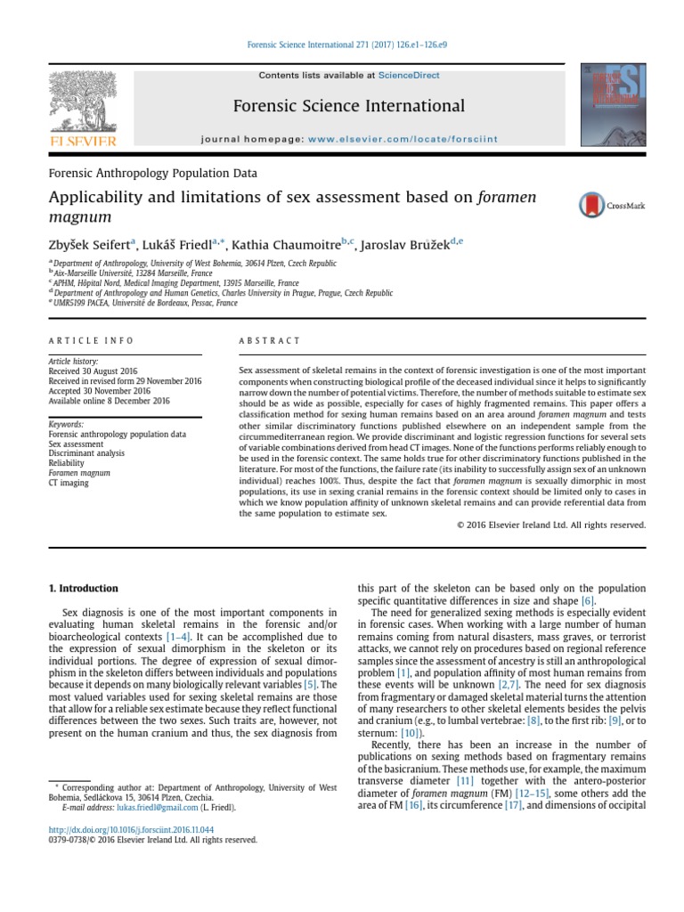 1 Applicability And Limitations Of Sex Assessment Based On Foramen Magnum Pdf Pdf Errors And