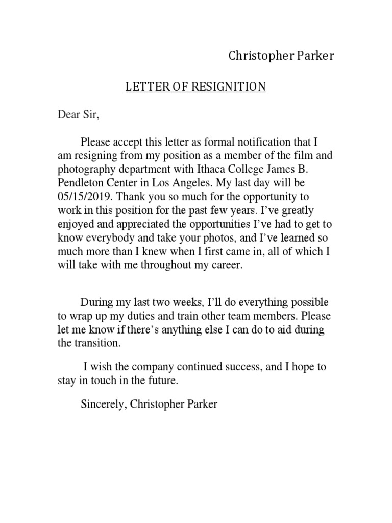 Resignation Letter from Christopher Parker | PDF