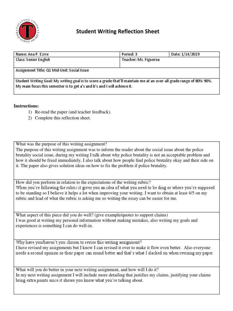 q1 end of unit reflection sheet | Rubric (Academic) | Goal