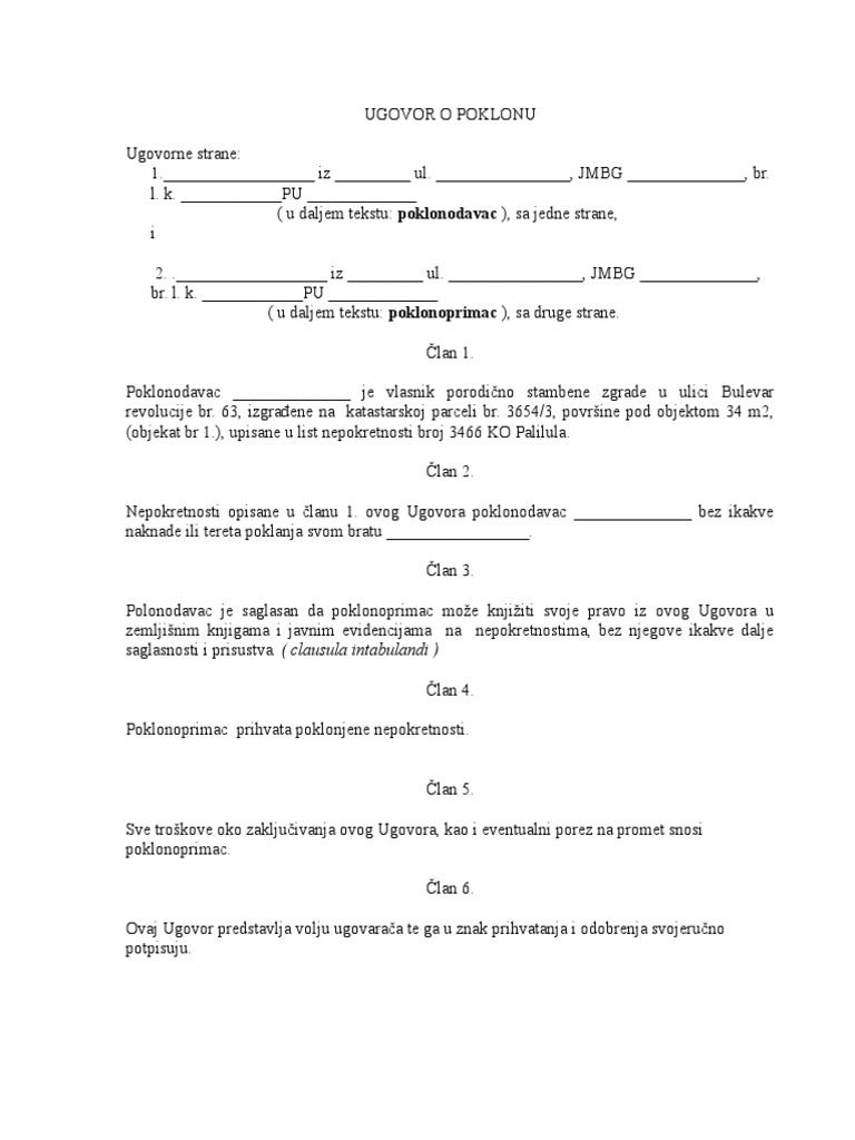 Primer Ugovora o Poklonu | PDF