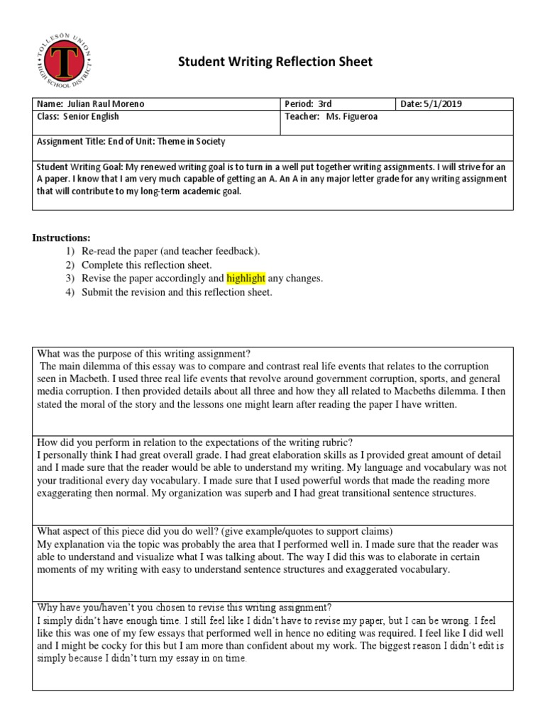 Senior Portfolio Reflection Sheets Theme in Society 5 | PDF | Goal ...