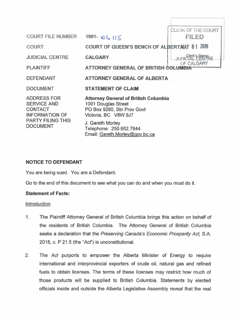 British Columbia May 1 Statement of Claim vs. Province of Alberta ...