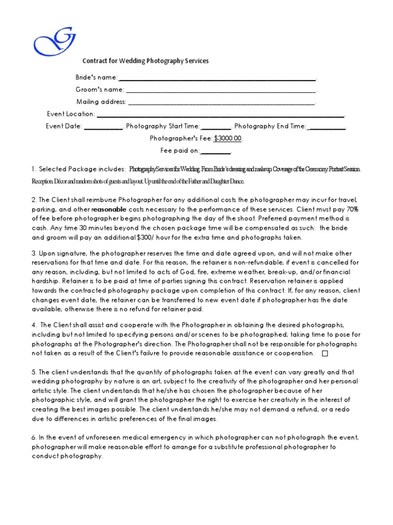 Contract For Wedding Photography Services | PDF | Wedding Photography | Fee