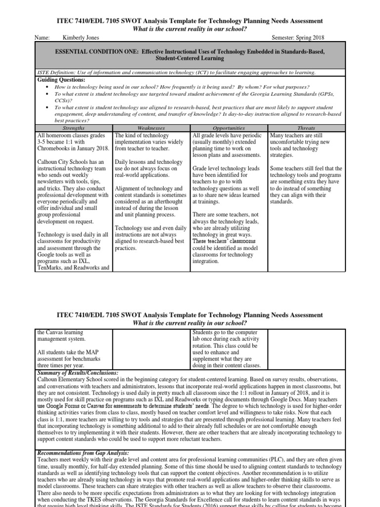 ITEC 7410/EDL 7105 SWOT Analysis Template For Technology Planning Needs Assessment | PDF ...