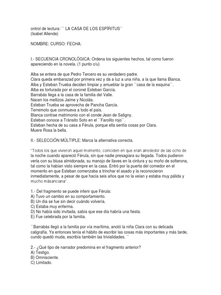 Control de lectura: La Casa de los Espíritus | PDF
