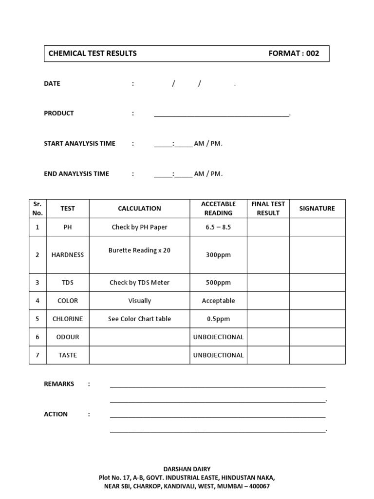 Chemical Test Results FORMAT: 002: Date | PDF