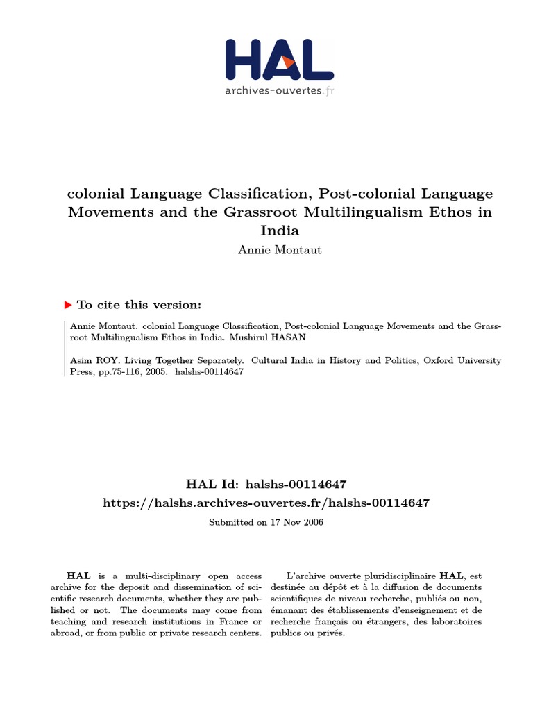 Annie Montaut. Colonial Language Classification, Post-Colonial Language ...