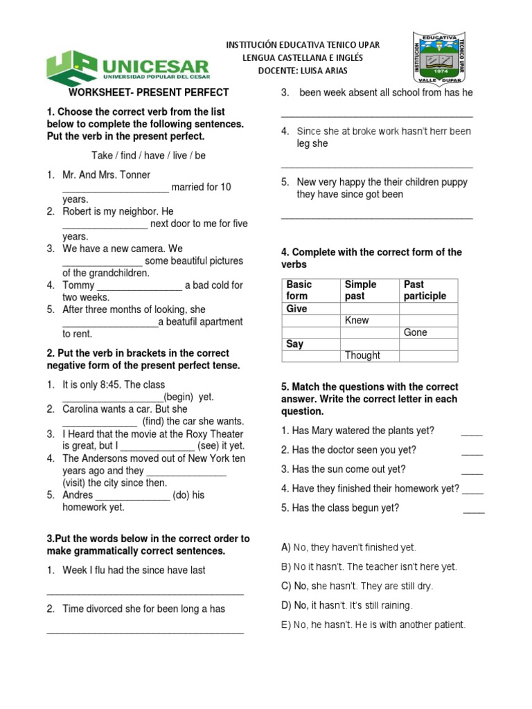 Present Perfect Worksheet | PDF | Perfect (Grammar) | Onomastics