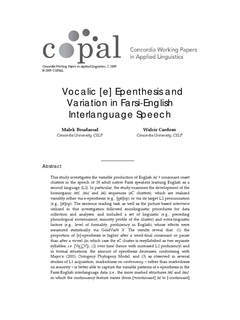 Vocalic (E) Epenthesis and Variation in Farsi-English Interlanguage Speech | PDF | Syllable ...
