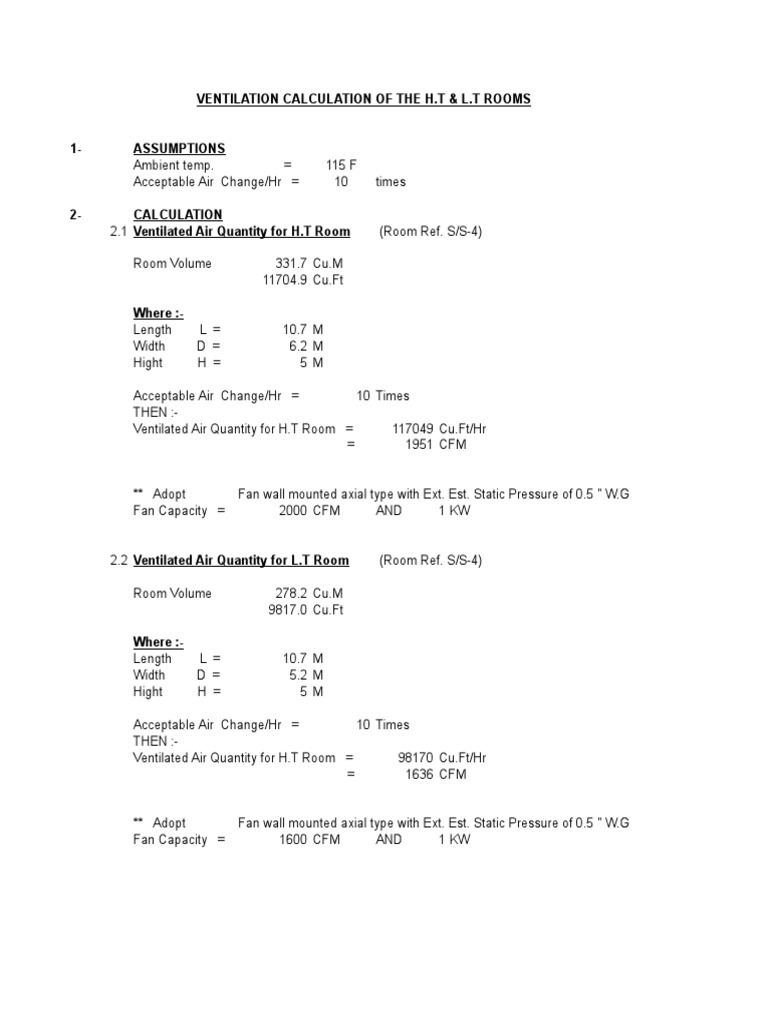 Ventilation calculation of HT & LT rooms | PDF | Engineering ...