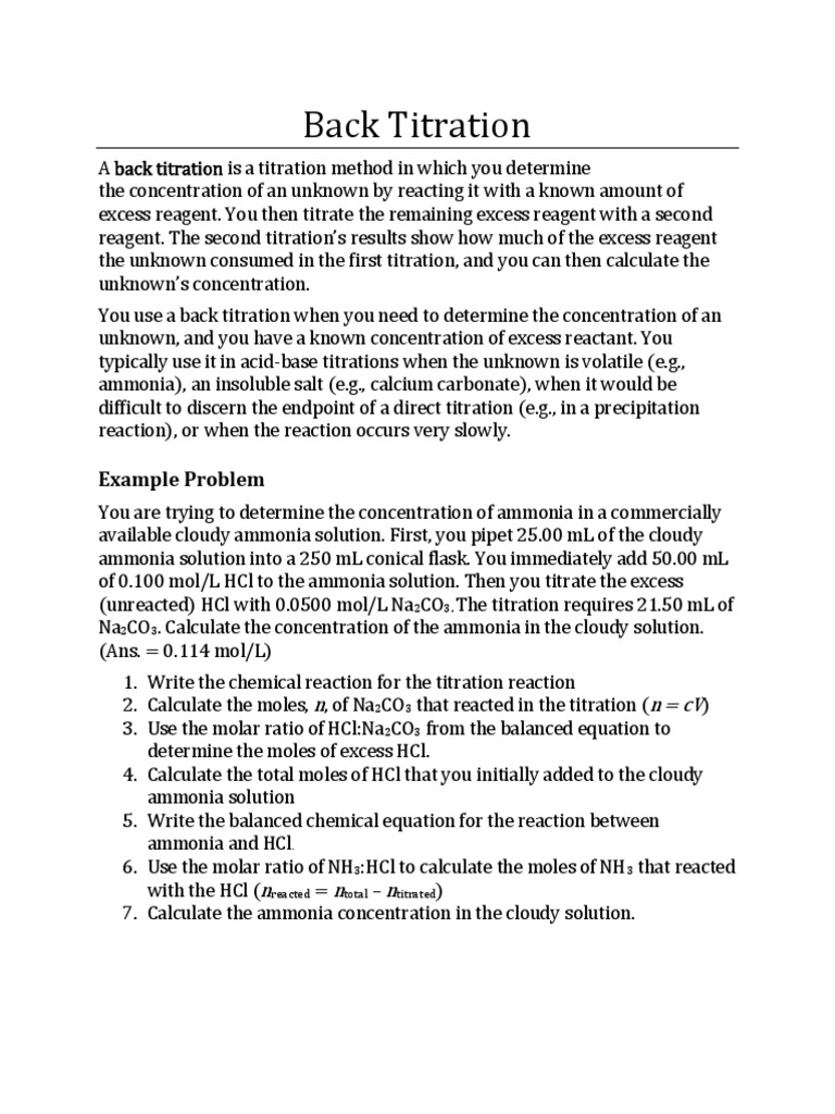 Back Titration: Example Problem | PDF