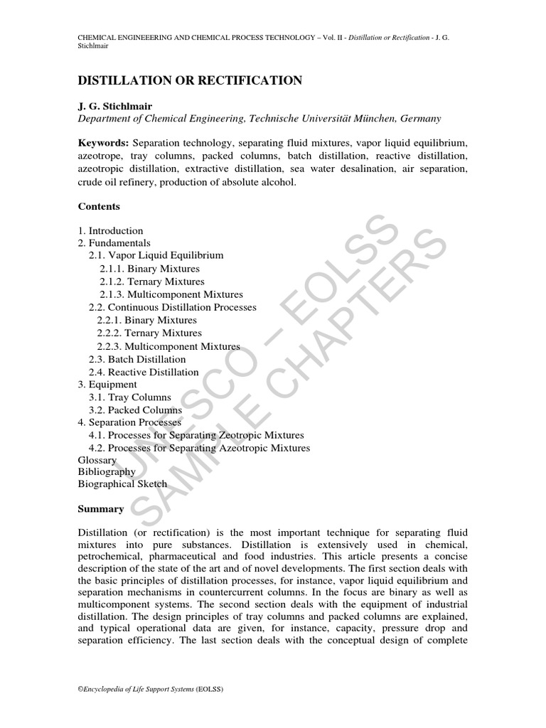Unesco - Eolss Sample Chapters: Distillation or Rectification | PDF | Distillation | Separation ...