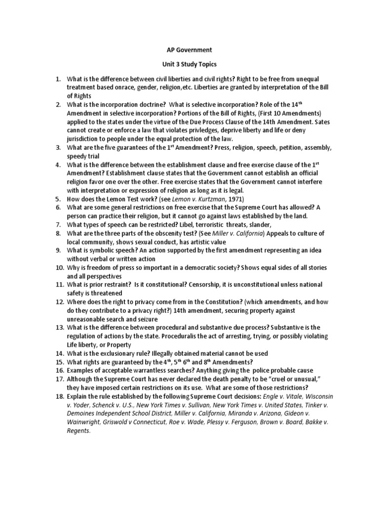AP Government Unit 3 Study Topics | PDF | Incorporation Of The Bill Of ...
