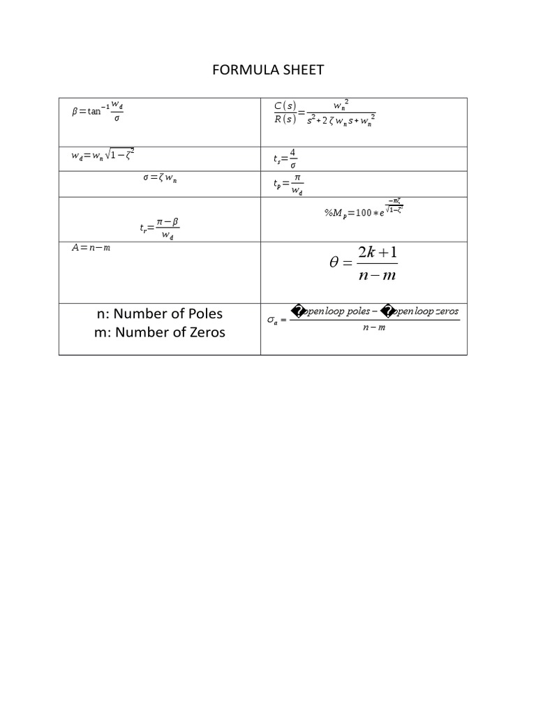 Control Systems Formula Sheet | PDF
