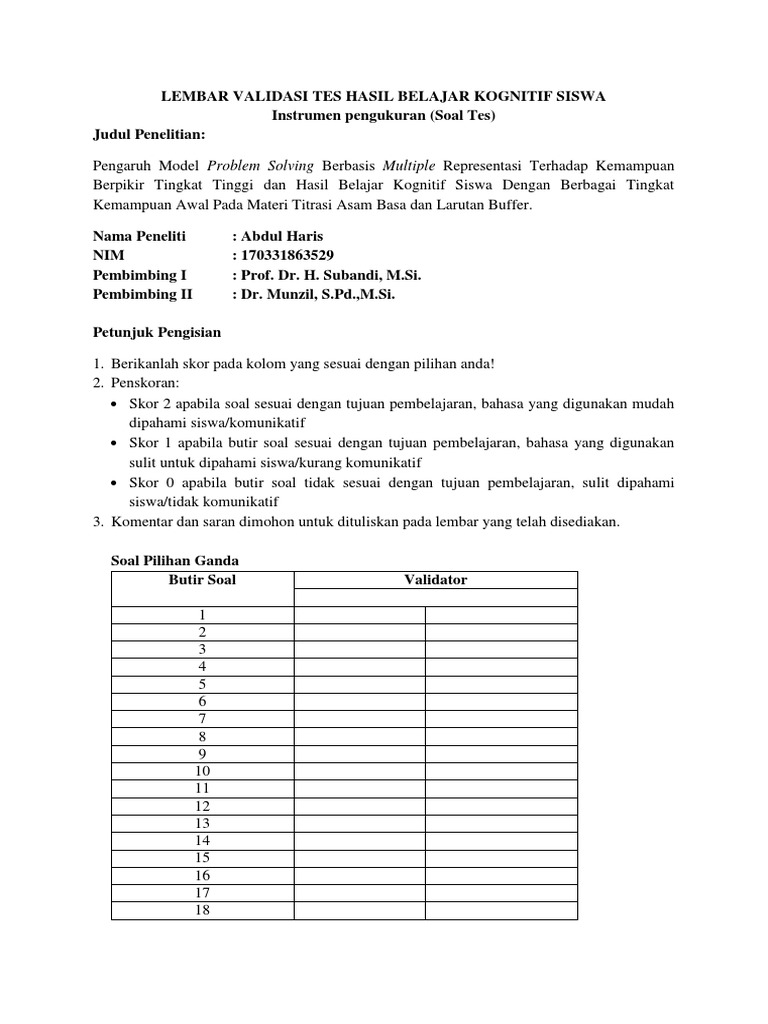 Lembar Validasi Tes Hasil Belajar Kognitif Sisw1 | PDF