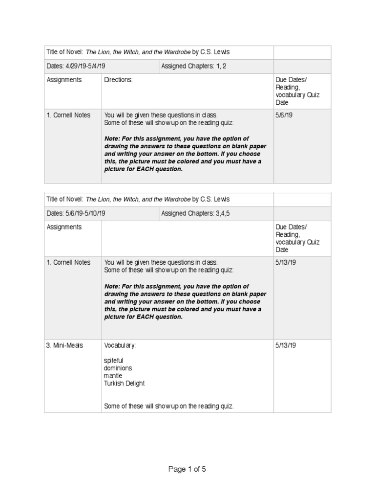 Novel Assignments Lion Witch Wardrobe | PDF | British Fantasy Novels ...