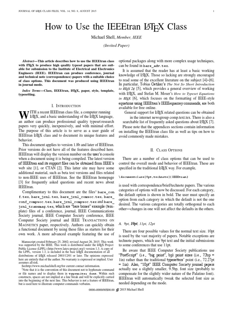 How To Use The Ieeetran L Tex Class: Michael Shell, Member, Ieee | PDF ...