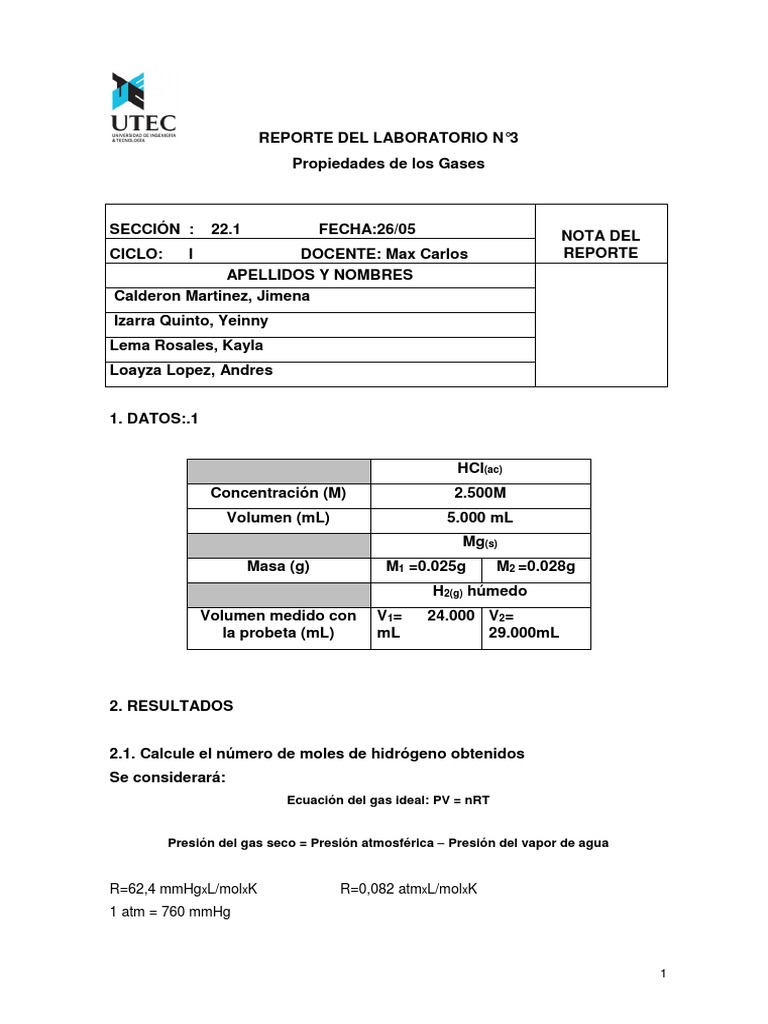 Reporte Del Laboratorio N°3: R=62,4 Mmhg L/Mol K R=0,082 Atm L/Mol K 1 ...