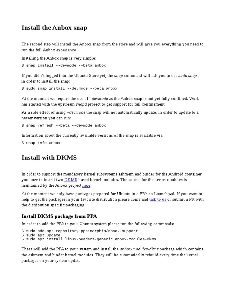 Install The Anbox Snap: Install DKMS Package From PPA | PDF | Unix Variants | Free Software