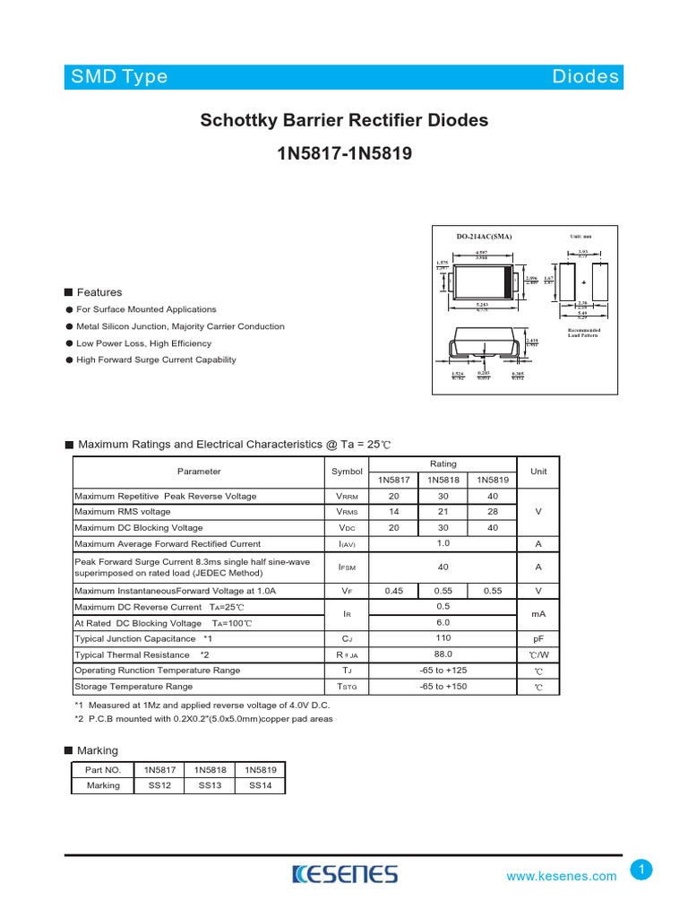 SMD Type Diodes: Schottky Barrier Rectifier Diodes 1N5817-1N5819 | PDF ...