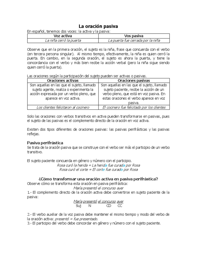 La Oración Pasiva | PDF | Verbo | Asunto (gramática)