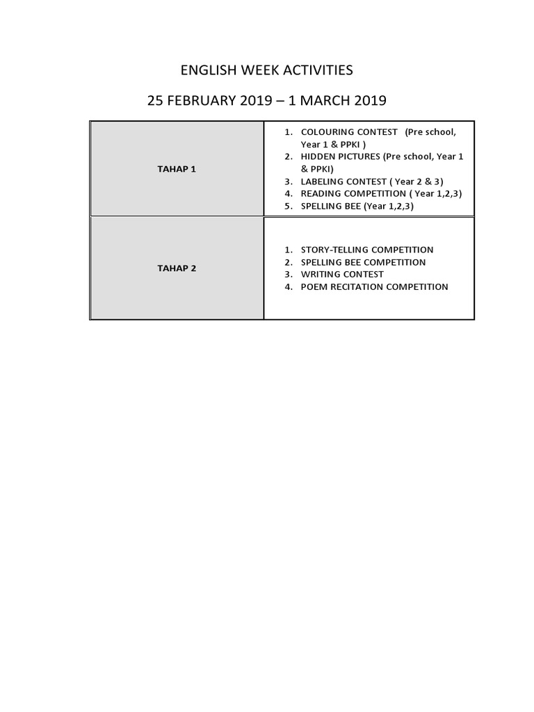 English Week Activities 2019 | PDF