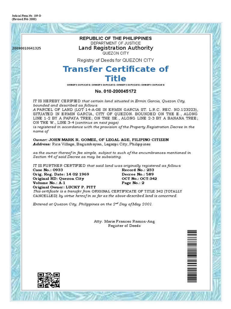 Transfer Certificate of Title: Land Registration Authority | PDF | Real ...