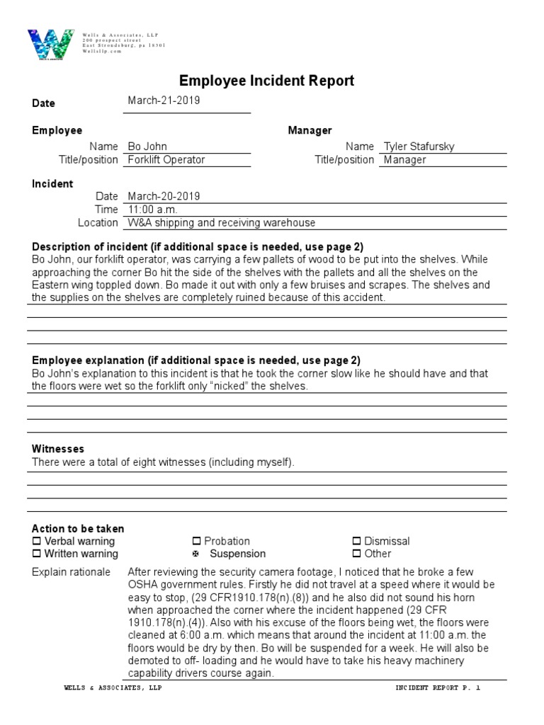 Employee Incident Report Form Workplace Writing | PDF | Forklift | Business