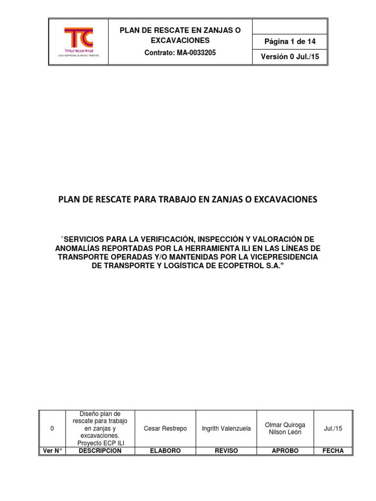 PLAN DE RESCATE para Trabajo en Zanjas o Excavaciones PDF | PDF ...