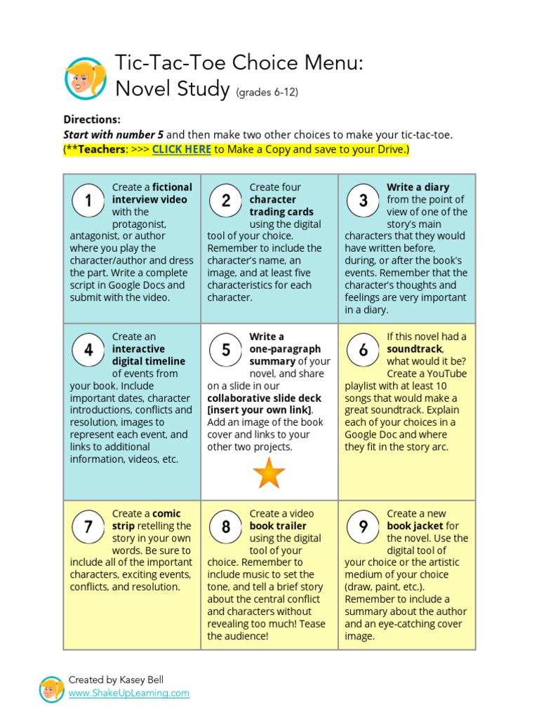 Novel Study Tic-Tac-Toe Menu Choice Board by Kasey Bell | PDF | Leisure
