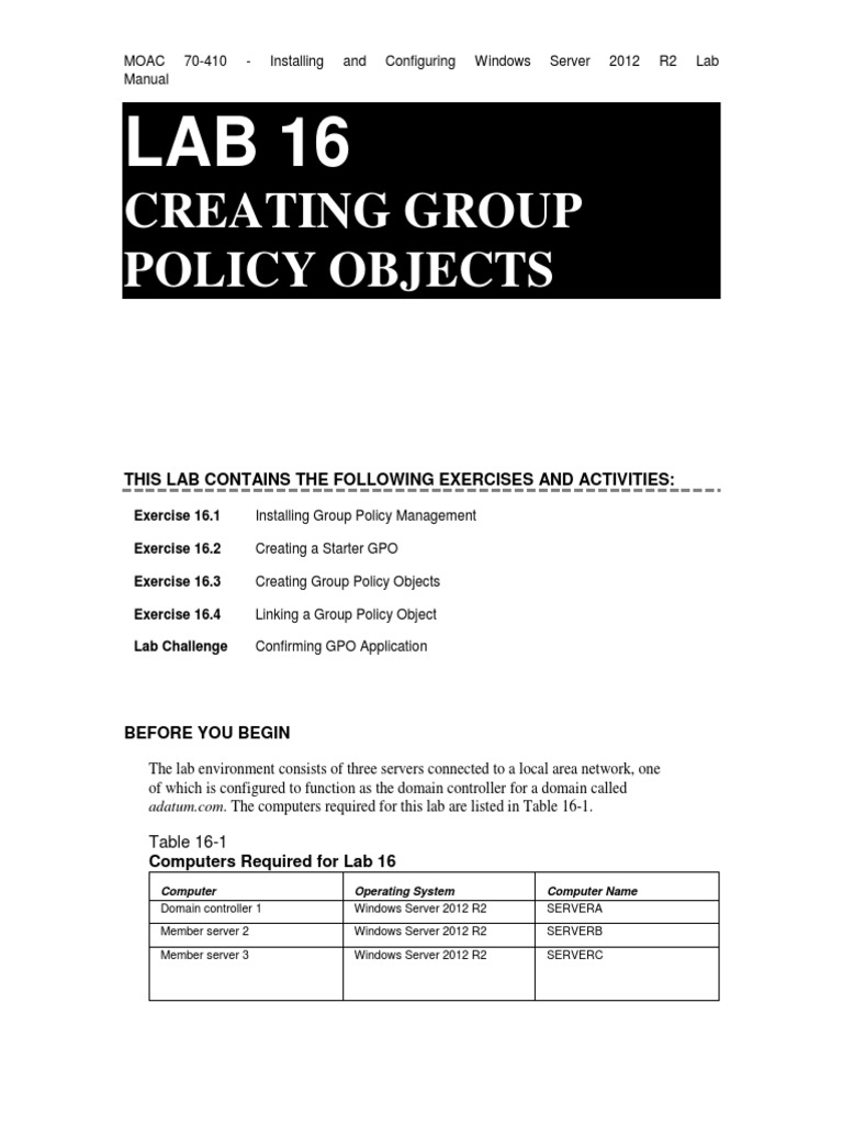 Creating Group Policy Objects: This Lab Contains The Following Exercises and Activities | PDF ...