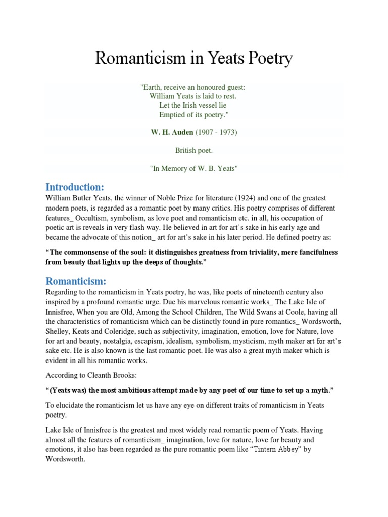 Yeats' Romanticism in Poetry Analysis | PDF | W. B. Yeats | Romanticism