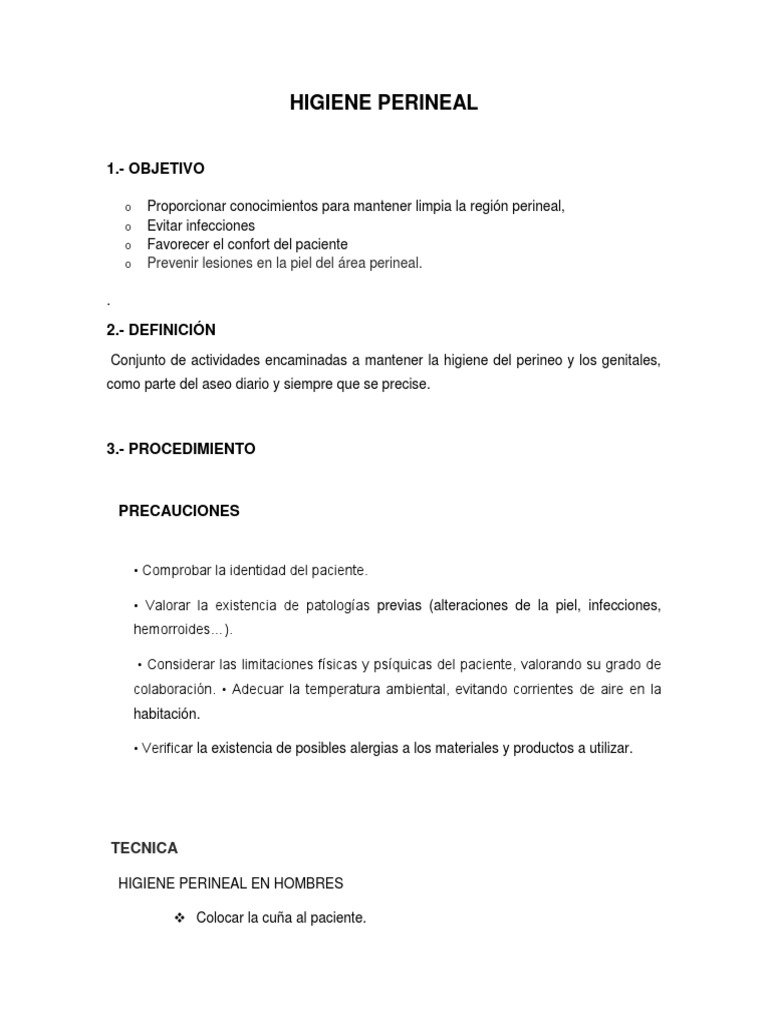 Higiene Perineal | PDF | Lavado de manos | Especialidades Medicas