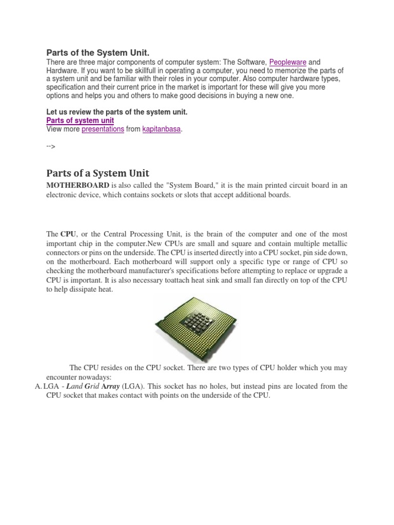 Parts of The System Unit | PDF | Personal Computers | Dynamic Random ...