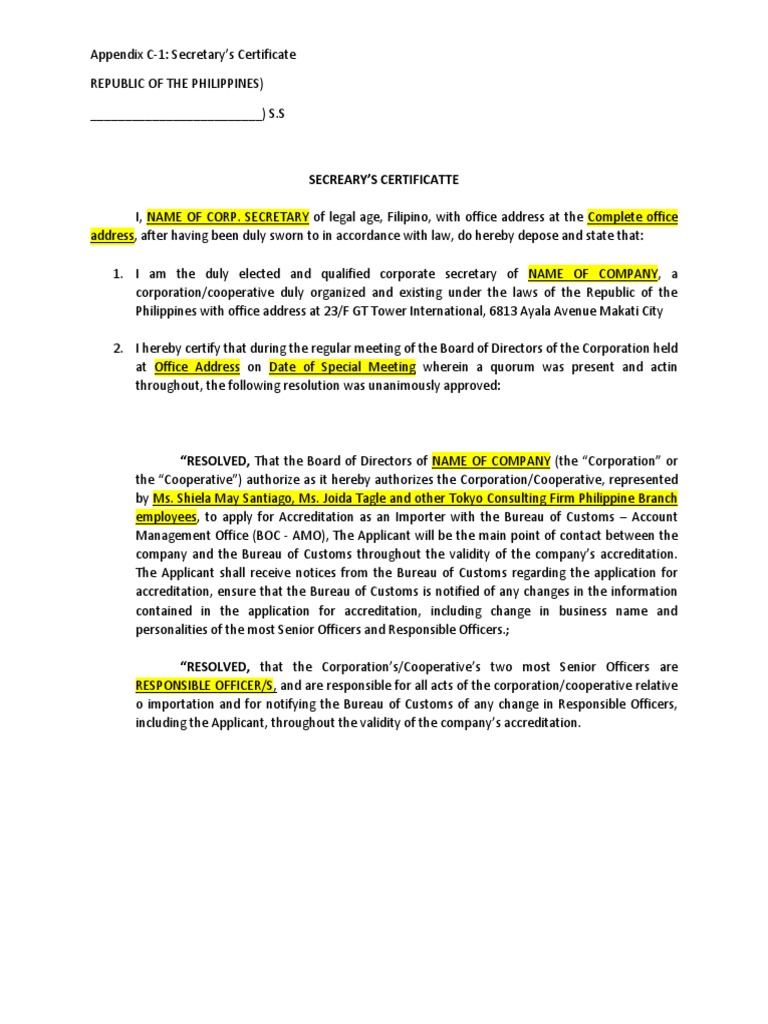 Secretary Certificate | PDF | Board Of Directors | Social Institutions