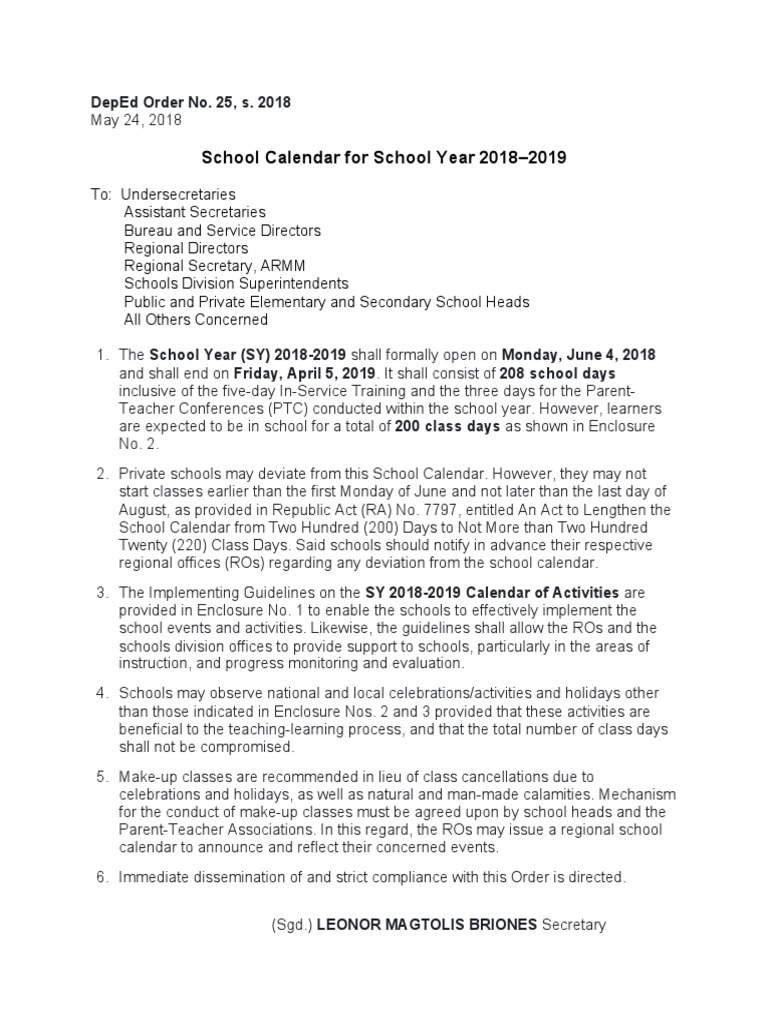 School Calendar For School Year 2018-2019: Deped Order No. 25, S. 2018 ...