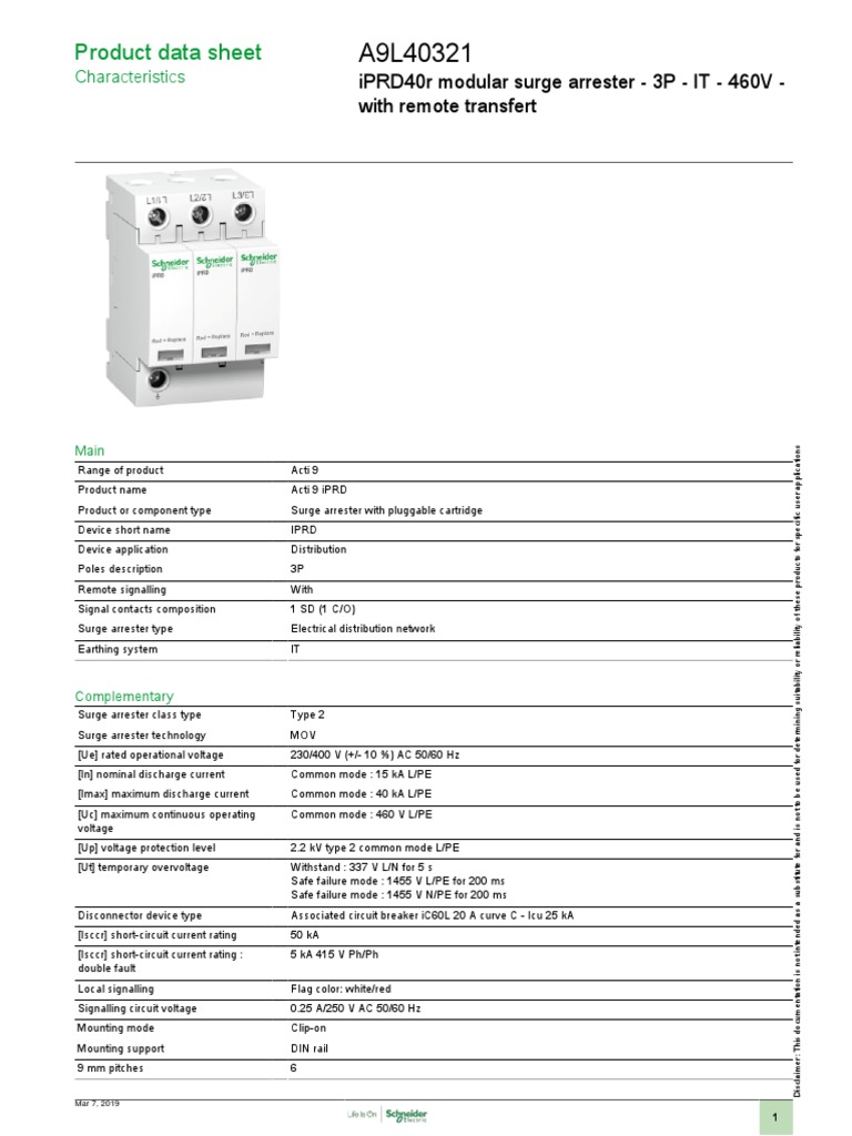 Product Data Sheet: iPRD40r Modular Surge Arrester - 3P - IT - 460V - With Remote Transfert ...