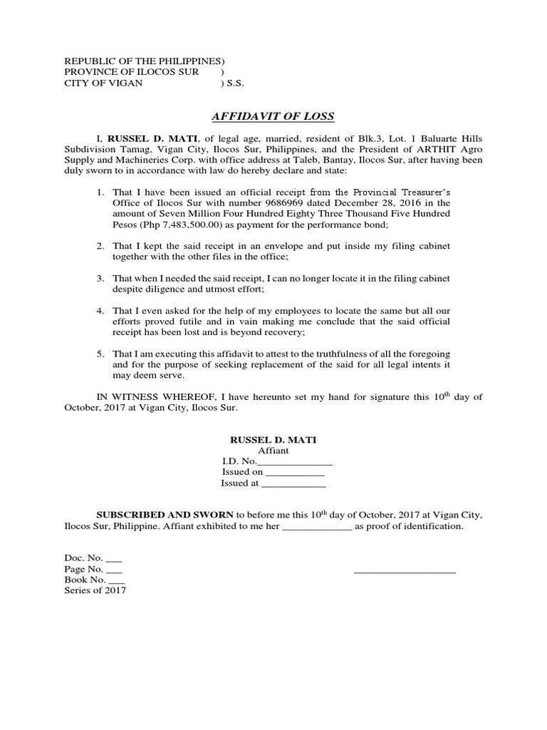 Affidavit of Loss Official Receipt | PDF
