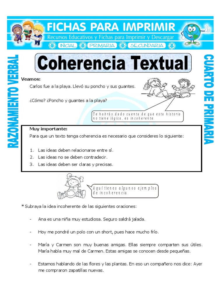 Ficha Coherencia Textual Para Cuarto De Primaria