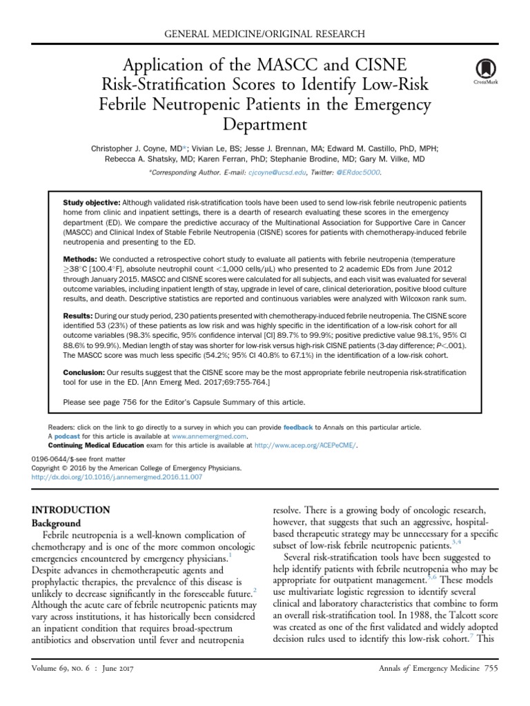 Application of the MASCC and CISNE Risk-Strati fication Scores to ...