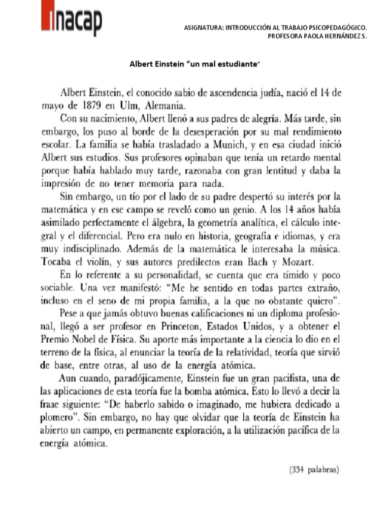 Albert Einstein Lectura Comprensiva Taller 2 U.2 | PDF