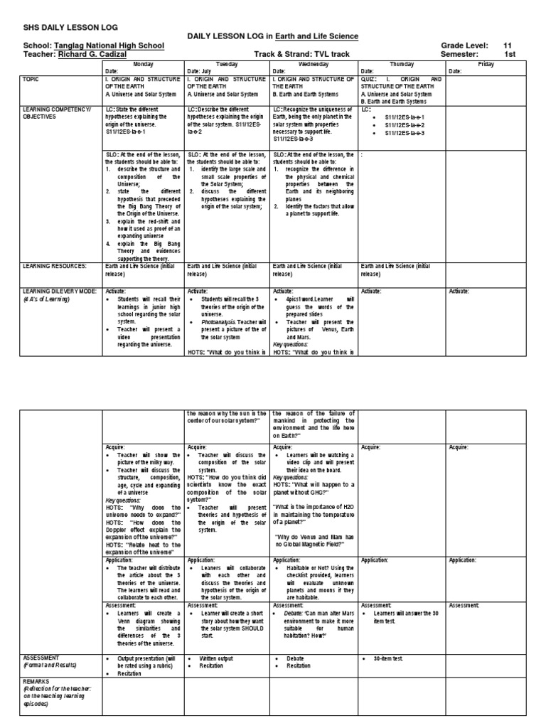 Shs Daily Lesson in Earth Science | PDF | Universe | Planets