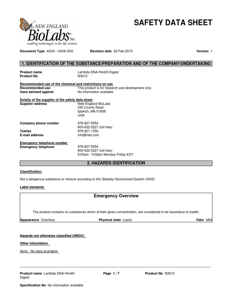 Safety Data Sheet For Lambda DNA-HindIII Digest | PDF | Personal ...
