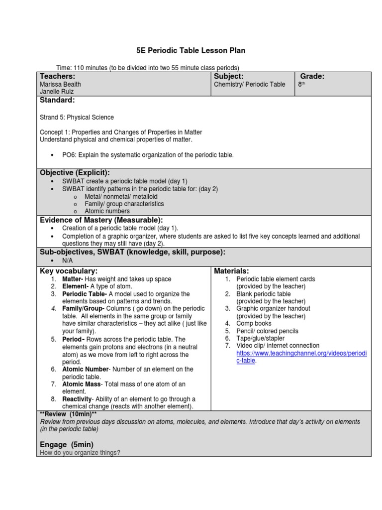 5E Lesson Plan: Periodic Table for Grade 8 | PDF | Periodic Table ...