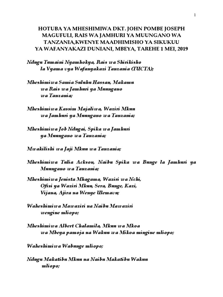 Hotuba Ya Rais Dkt. John Pombe Magufuli Kwenye Maadhimisho Ya Sikukuu Ya Wafanyakazi Duniani ...