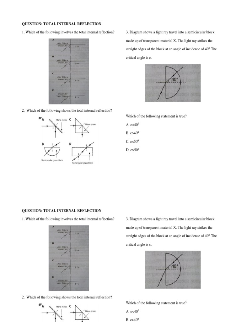 Worksheet 5.3 Total Internal Reflection | PDF