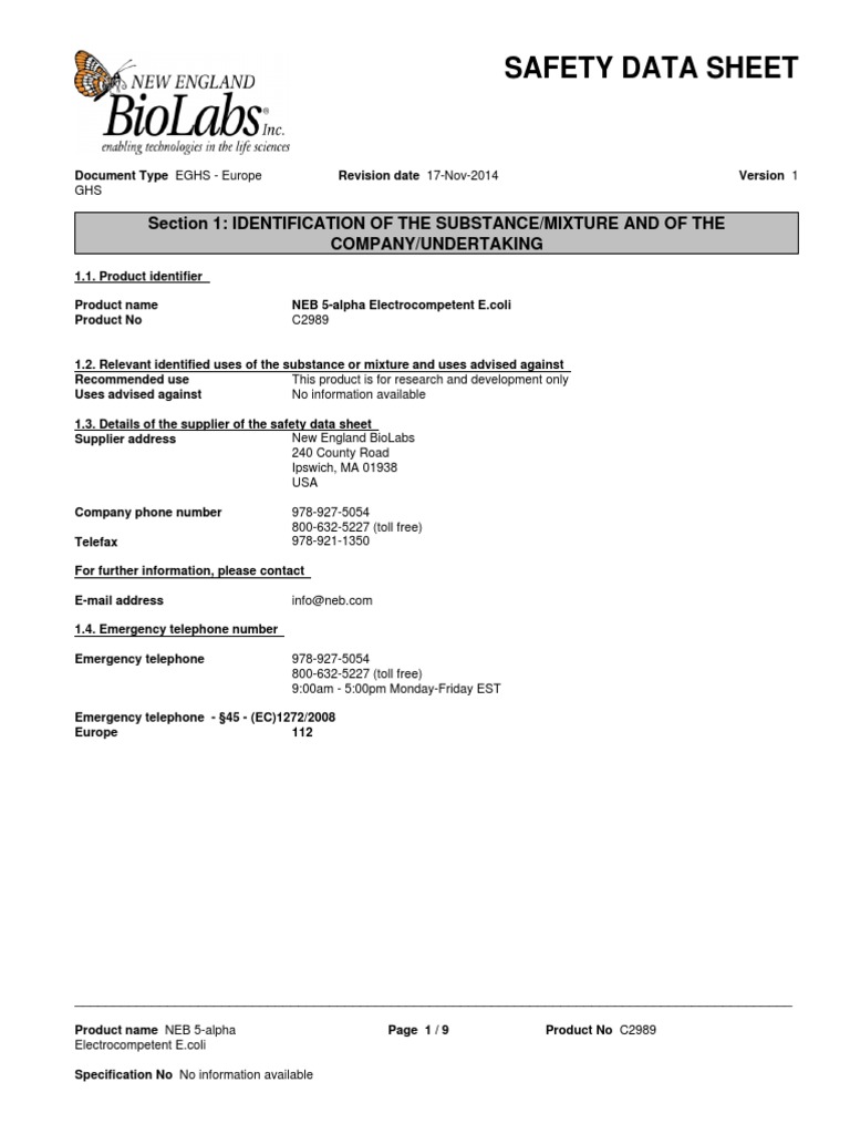 Safety Data Sheet For NEB 5-Alpha Electrocompetent E.coli | PDF ...
